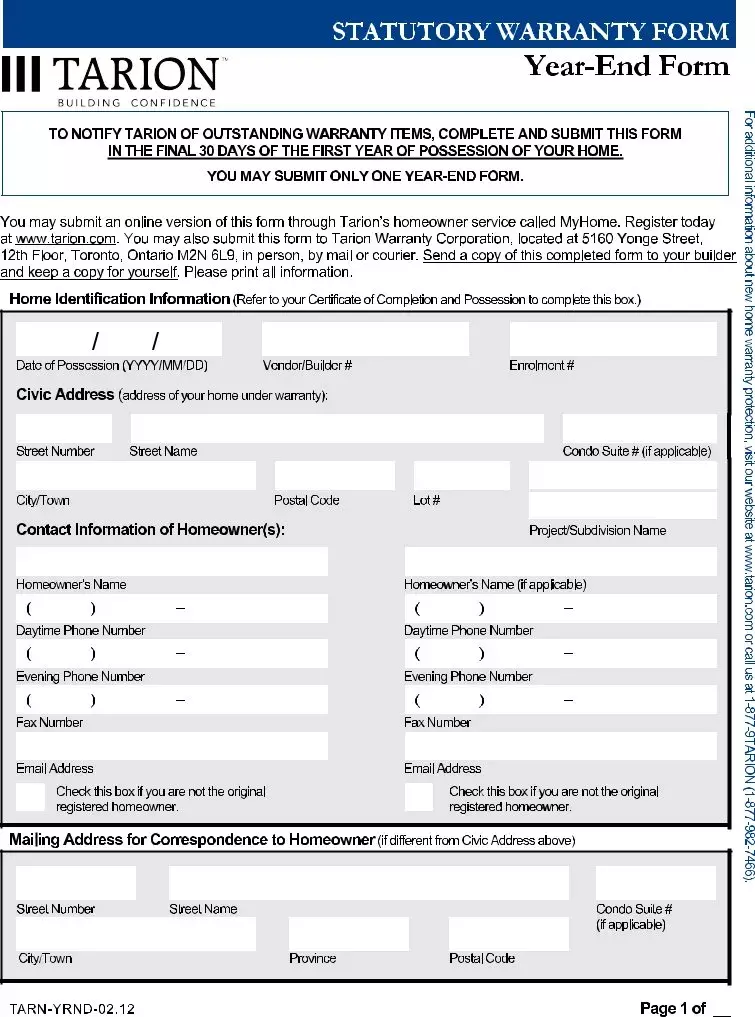 End Tarion Form ≡ Fill Out Printable PDF Forms Online