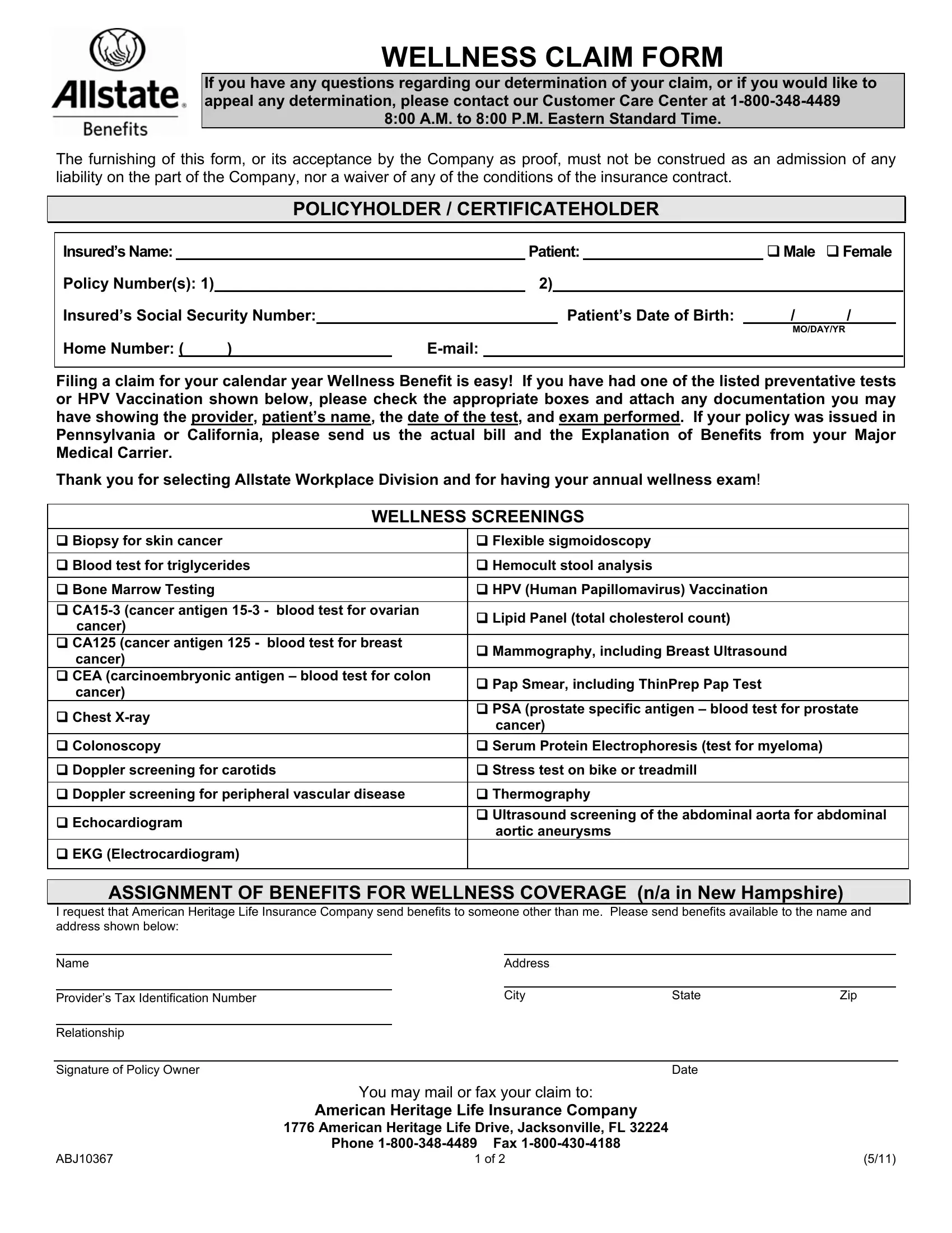 Allstate Wellness Claim Application PDF Form FormsPal