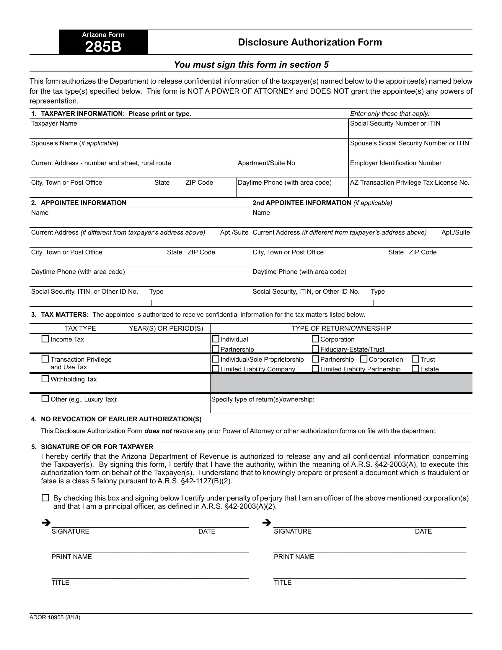 Arizona Form 285 Fill Out Printable PDF Forms Online Arizona Form 285 Fill Out Printable PDF Forms Online