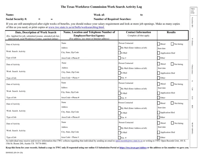 Example Of Twc Work Search Log Fill Out Printable PDF Forms Online