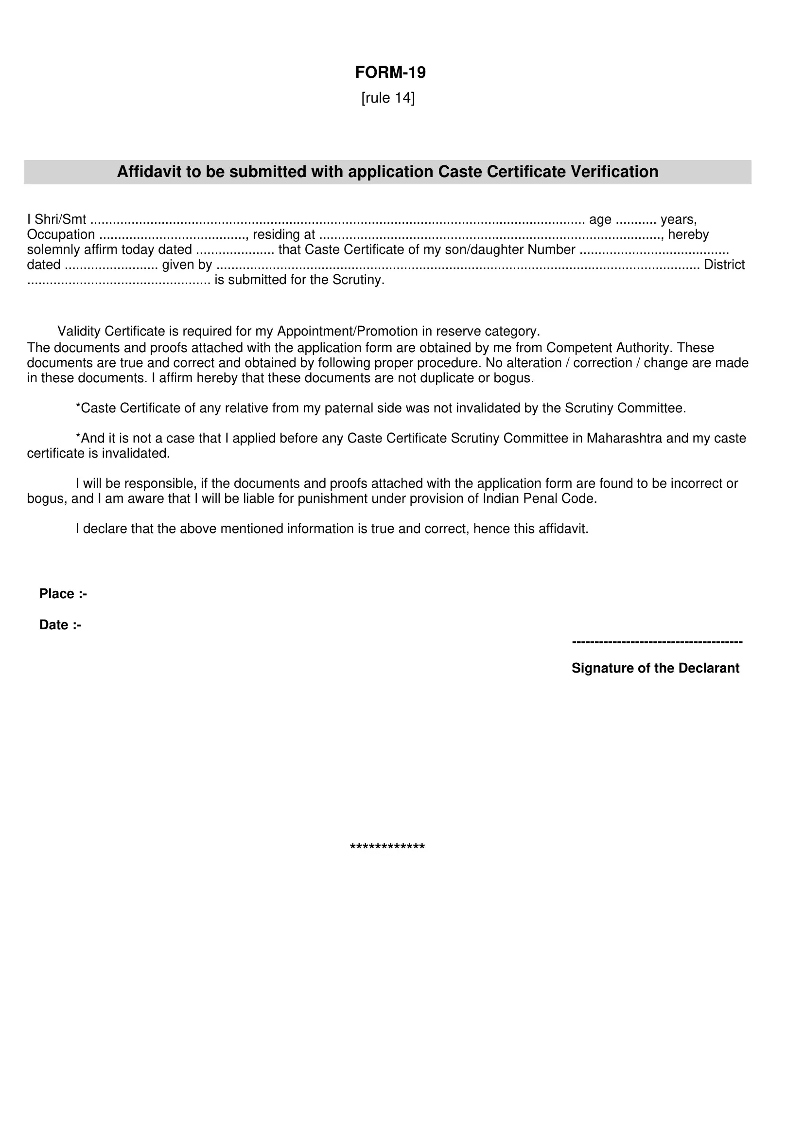 Form 19 Caste Validity Fill Out Printable PDF Forms Online