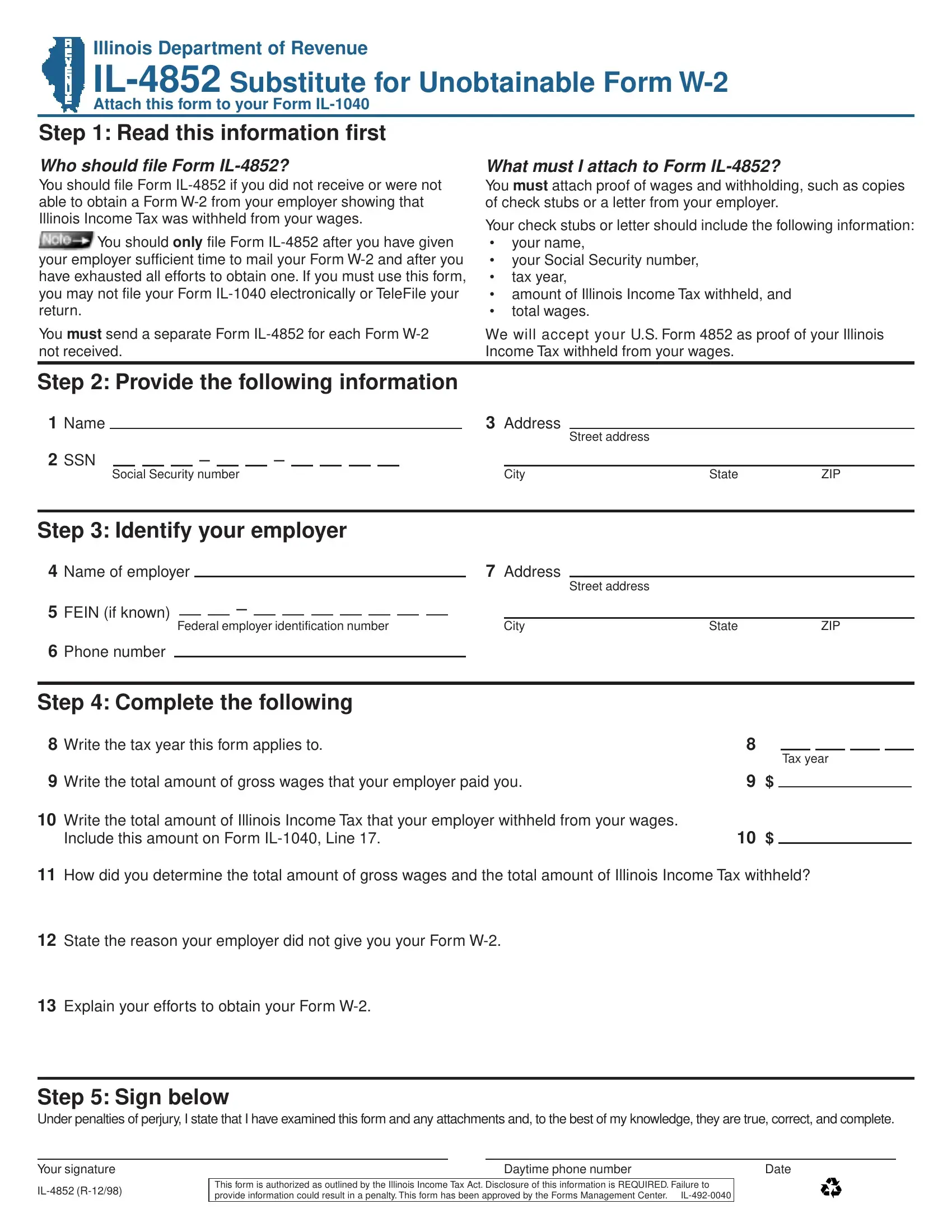 Form Il 4852 Fill Out Printable PDF Forms Online