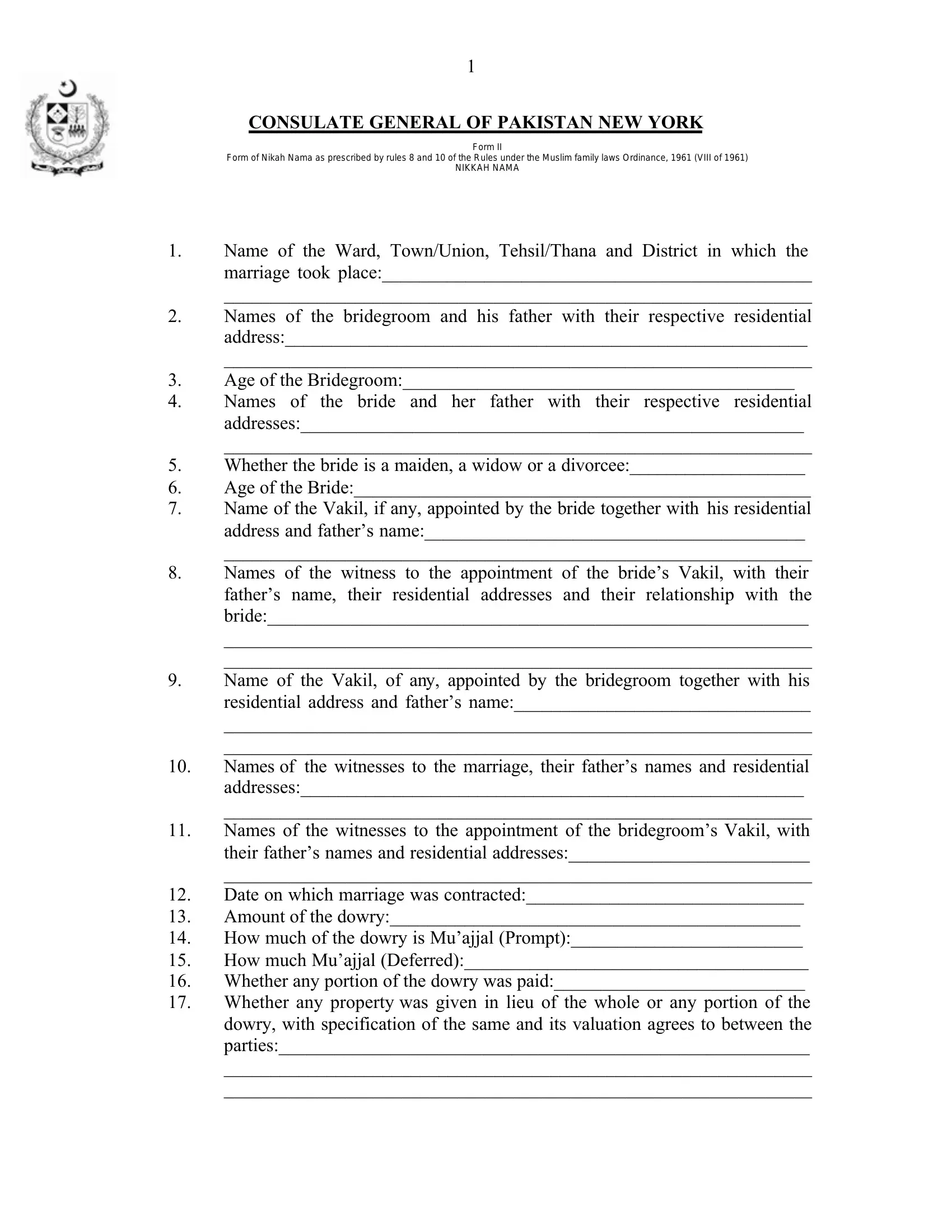 Nikah Nama Form Fill Out Printable PDF Forms Online