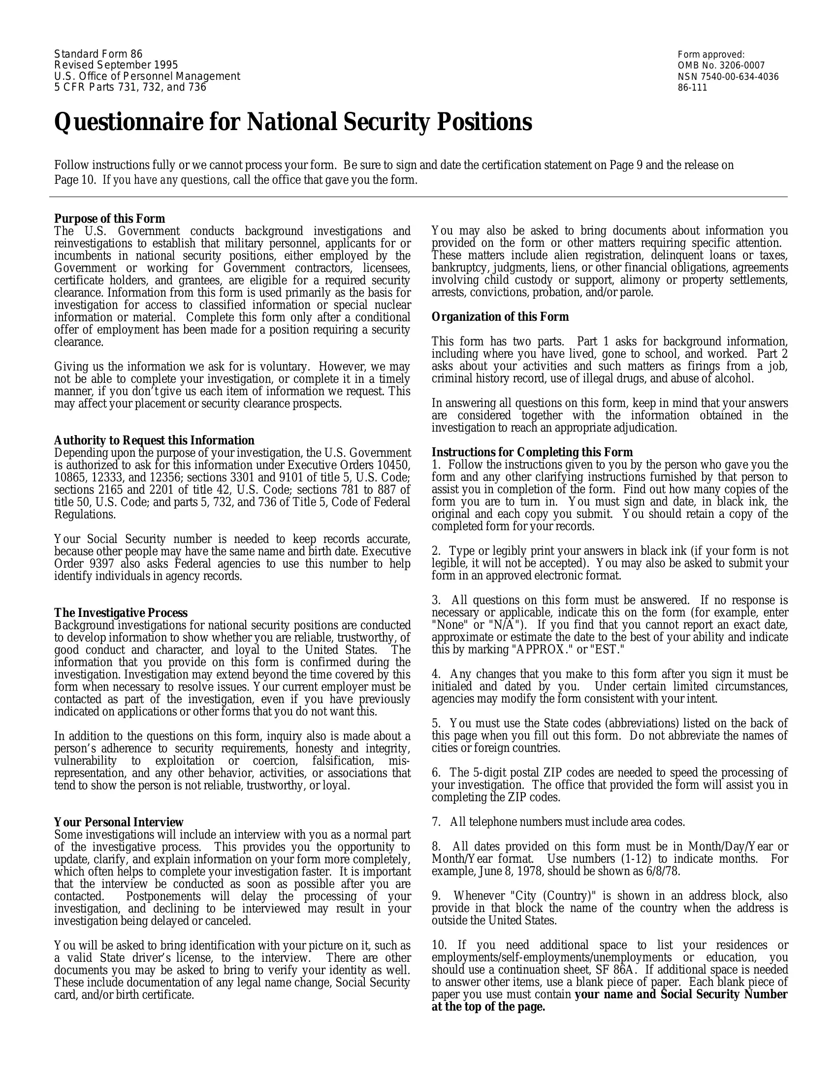 Standard Form 86 Fill Out Printable PDF Forms Online