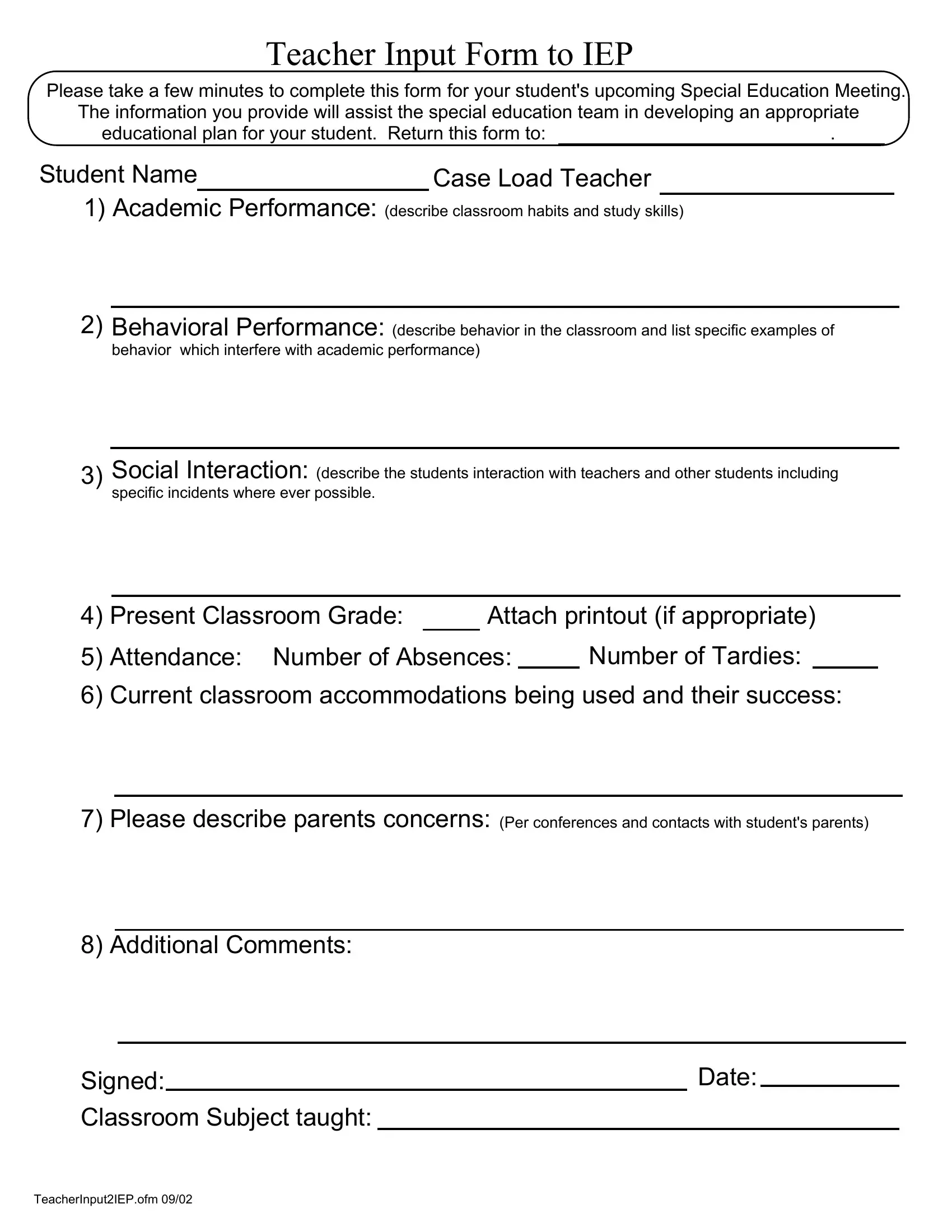 Teacher Input Form Fill Out Printable PDF Forms Online