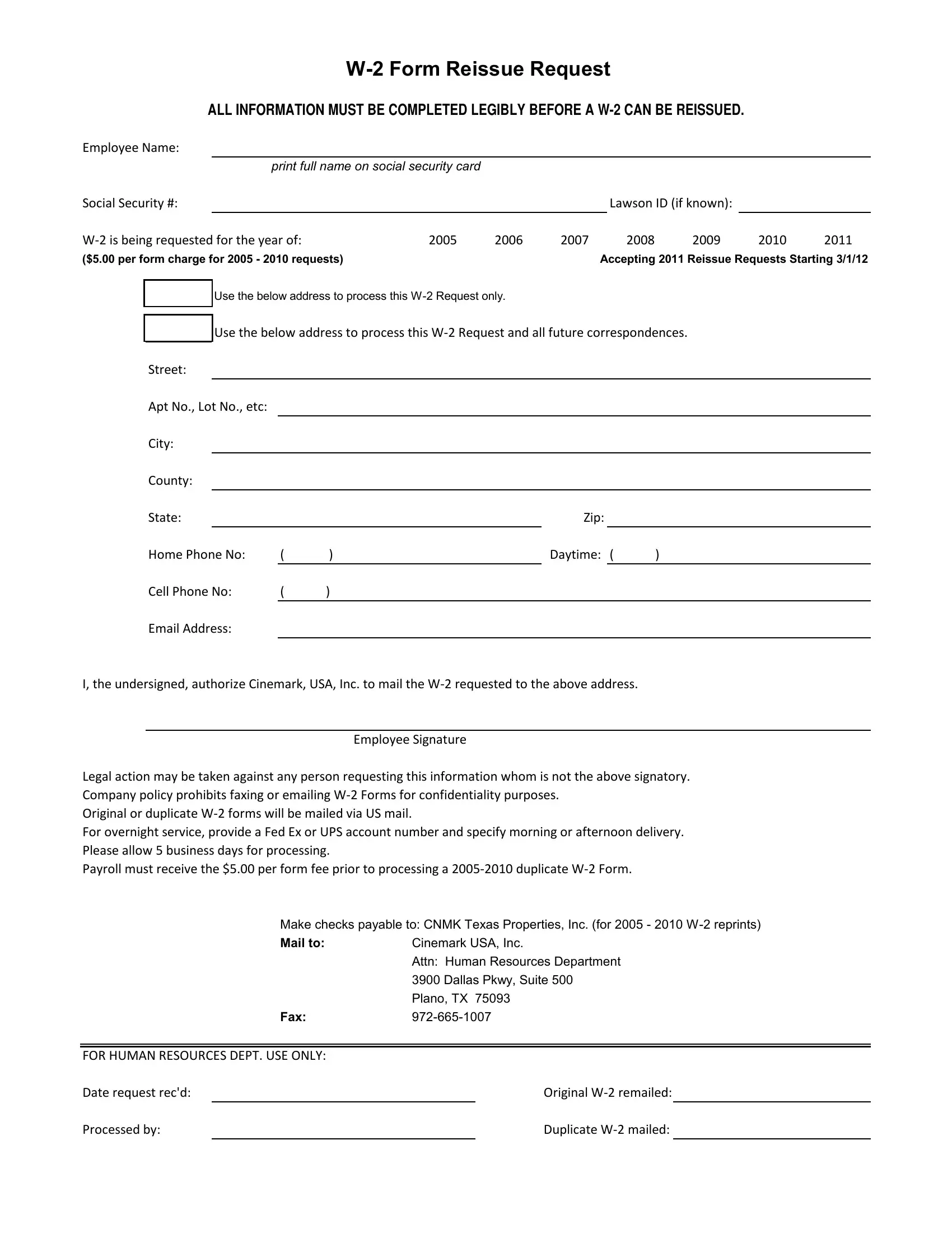 W 2 Form Reissue Request Fill Out Printable PDF Forms Online