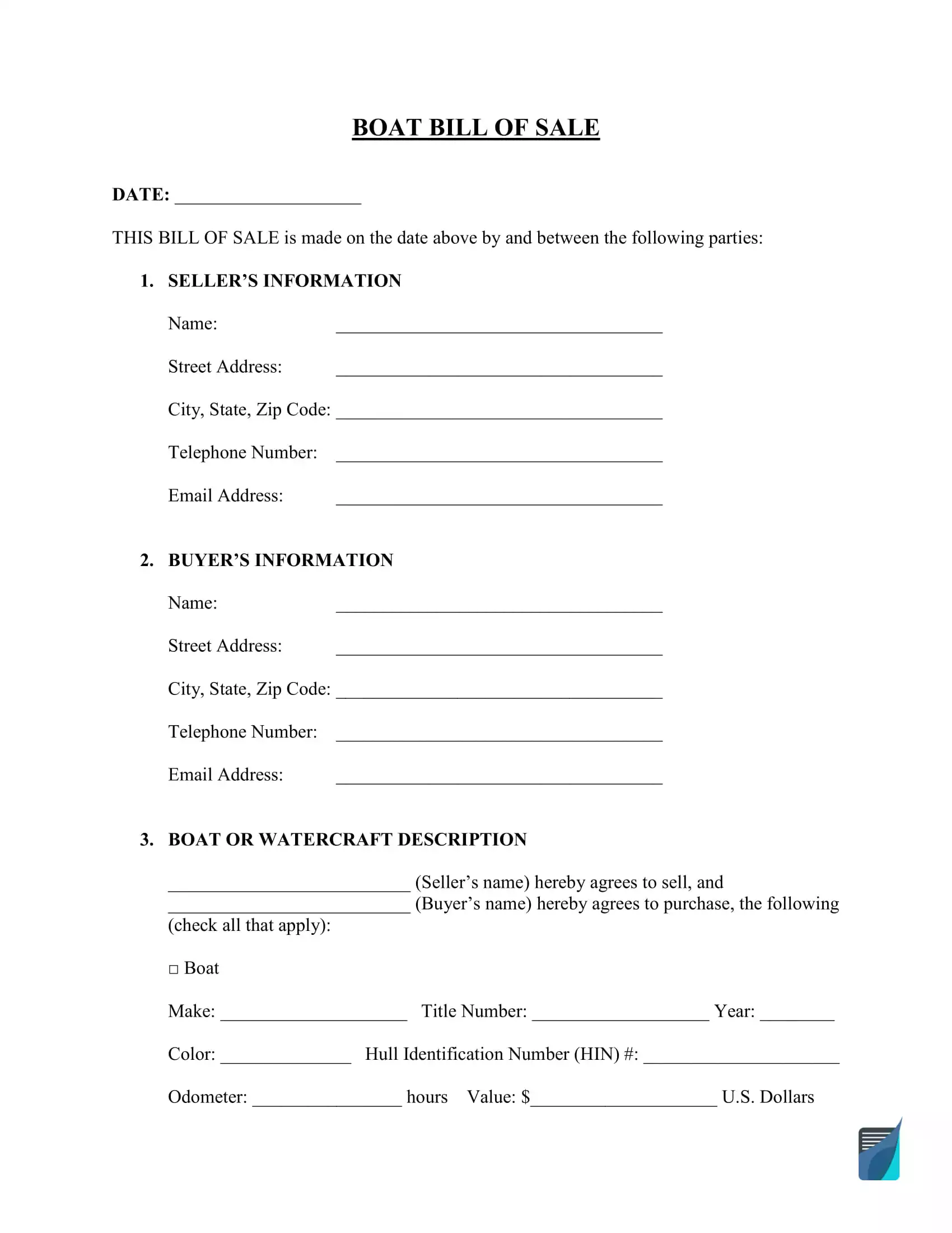 Free Boat (Vessel) Bill of Sale Form | Watercraft Bill of Sale