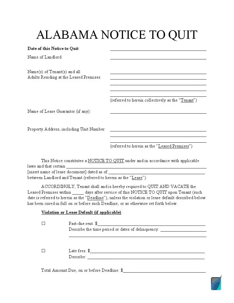 Free Alabama Eviction Notice Forms AL Notice To Quit FormsPal