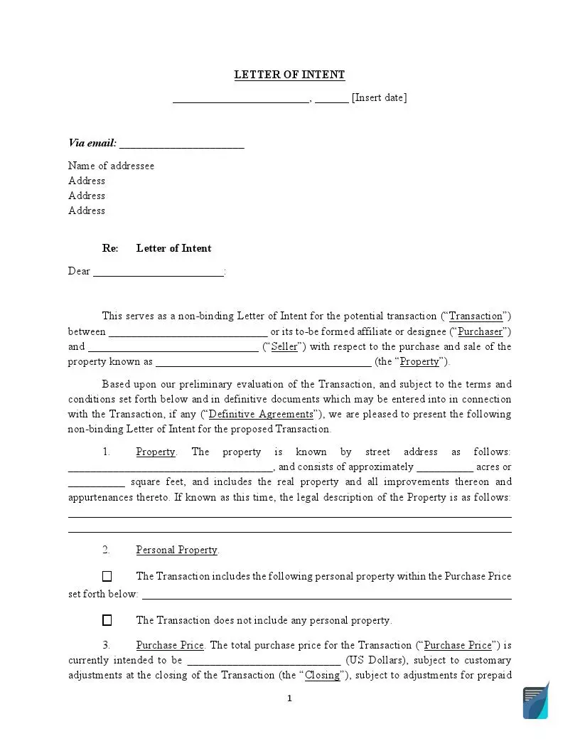 Free Letter Of Intent Sample Template LOI Form Example
