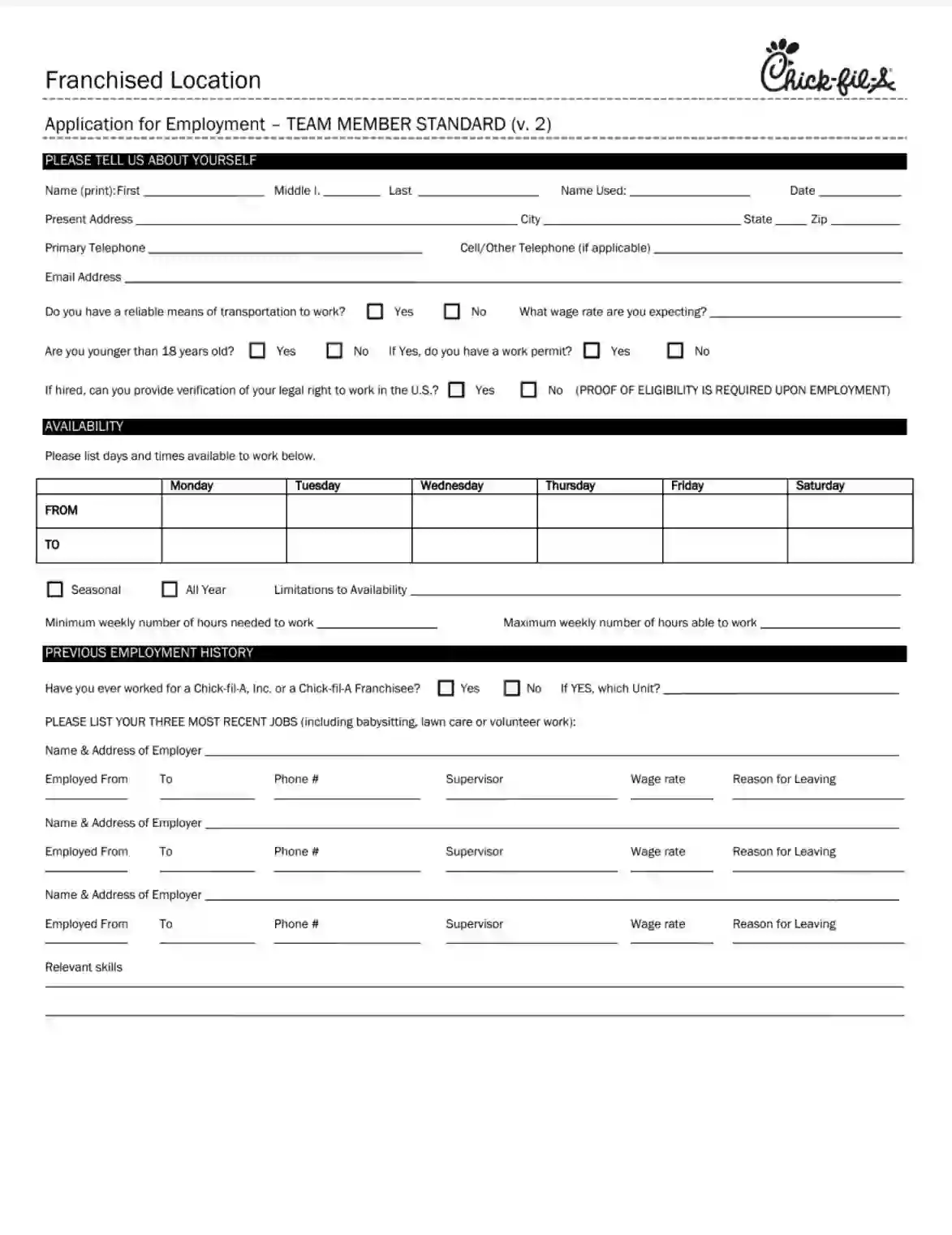 Chick Fil A Job Application Fill Out Printable PDF Forms Online