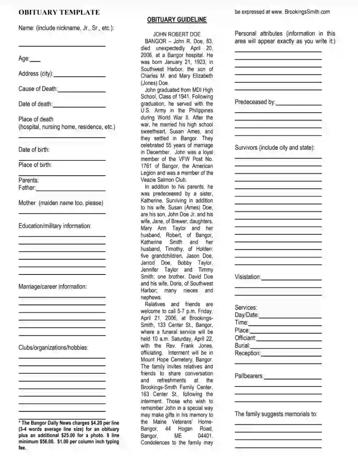 Obituary Template Fill Out Printable PDF Forms Online