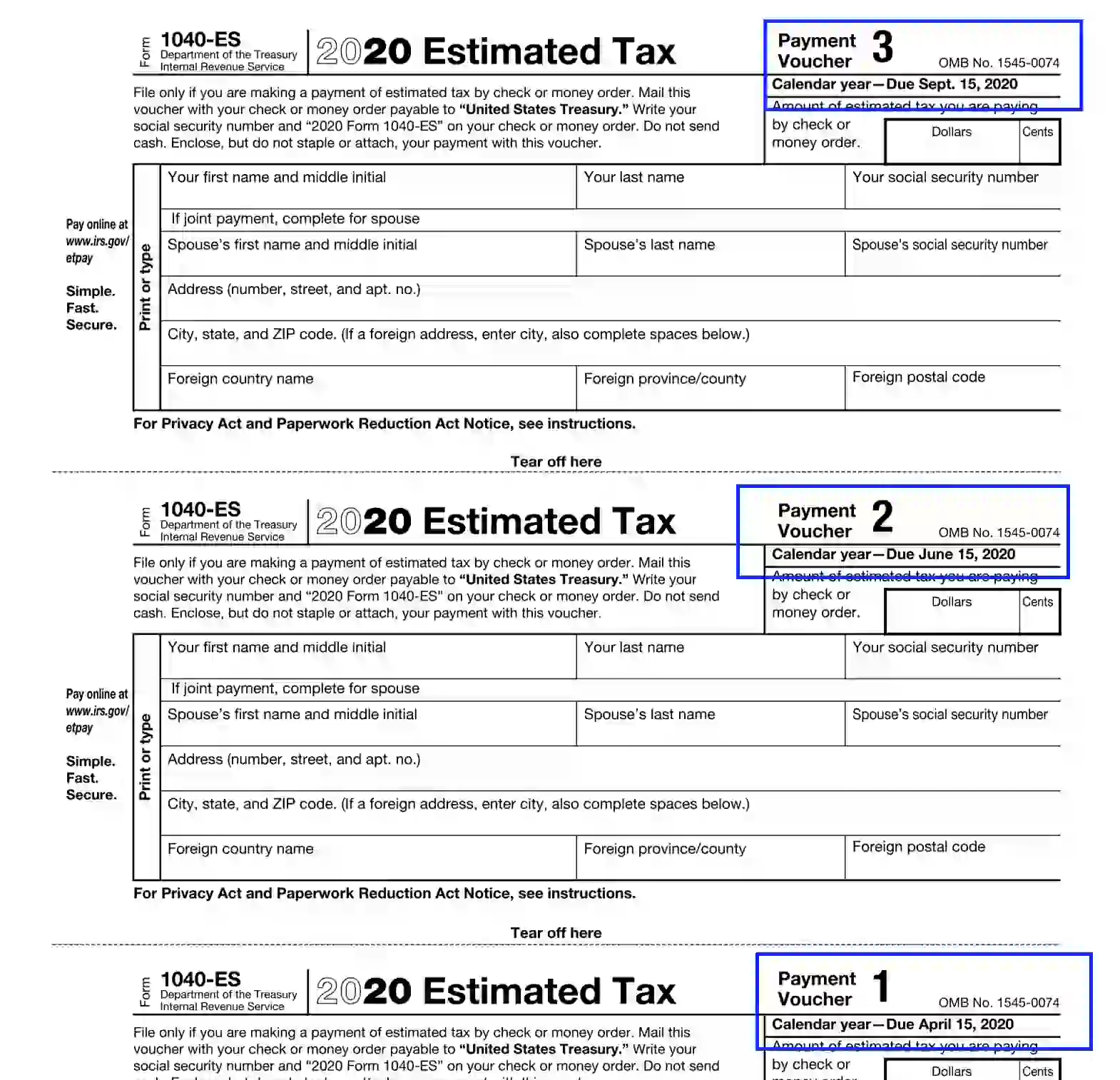 2025 Form 1040 Es Payment Voucher Printable Leona J Kost
