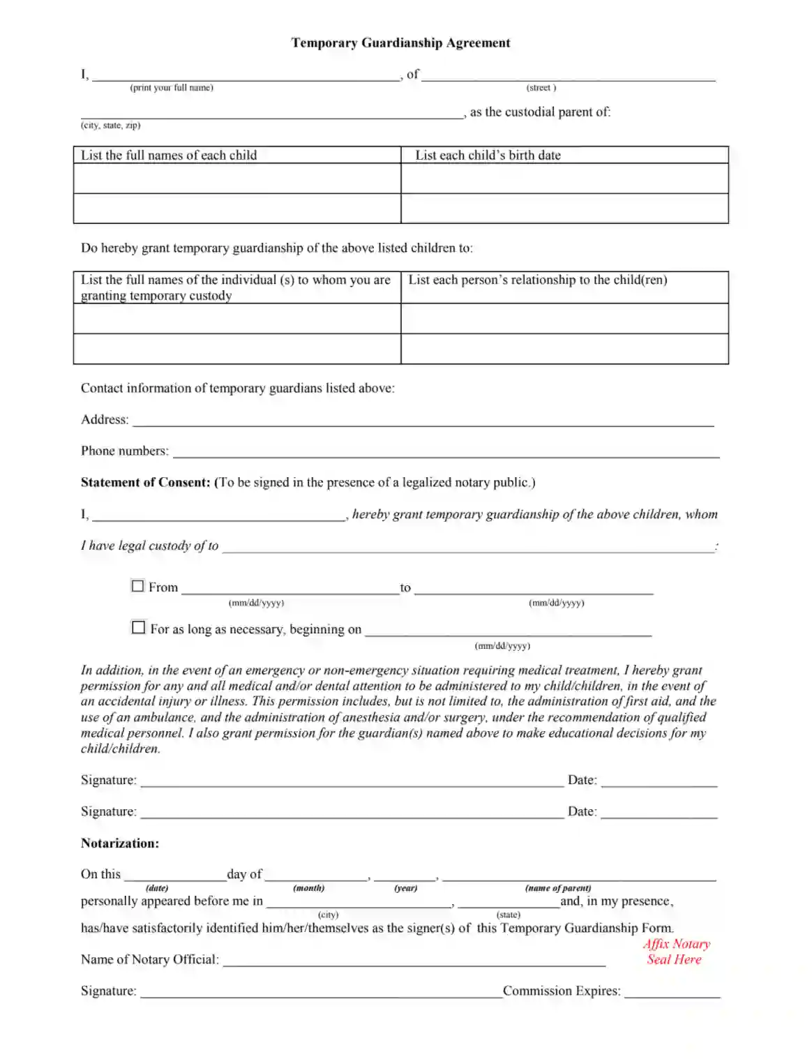 Temporary Custody Form Fill Out Printable PDF Forms Online