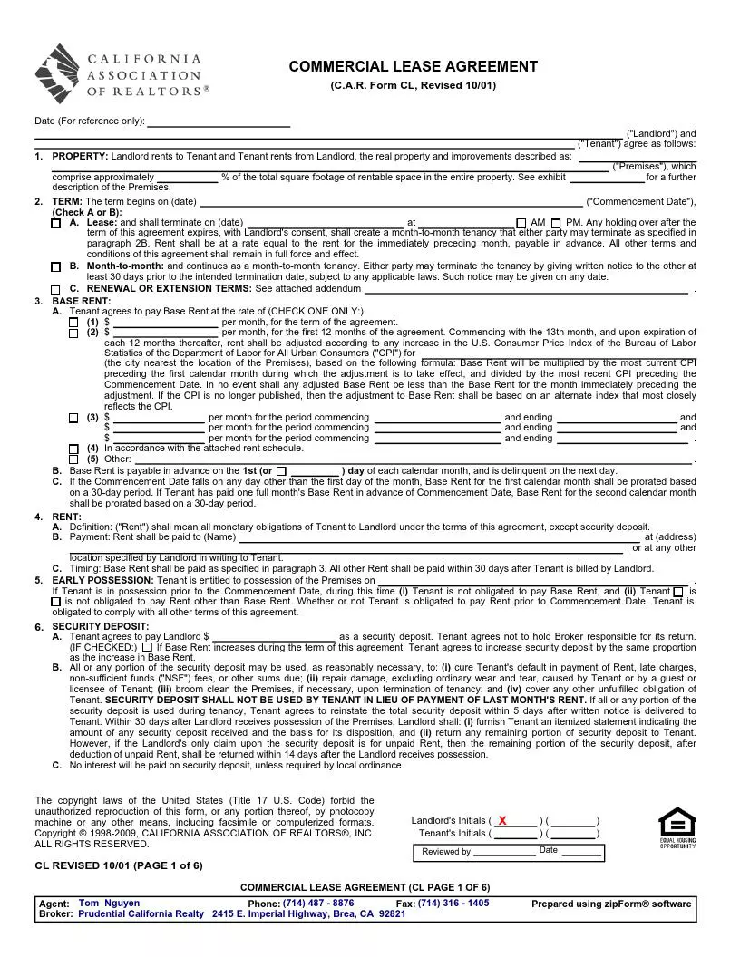 Free California Commercial Lease Agreement Form FormsPal