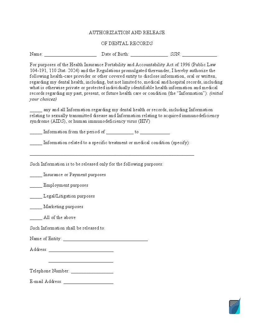 Free Dental Records Release Form HIPAA FormsPal Free Dental Records Release Form HIPAA FormsPal
