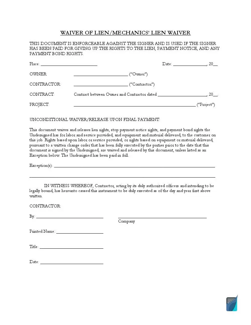 Free Unconditional Lien Release Form Waiver Template 