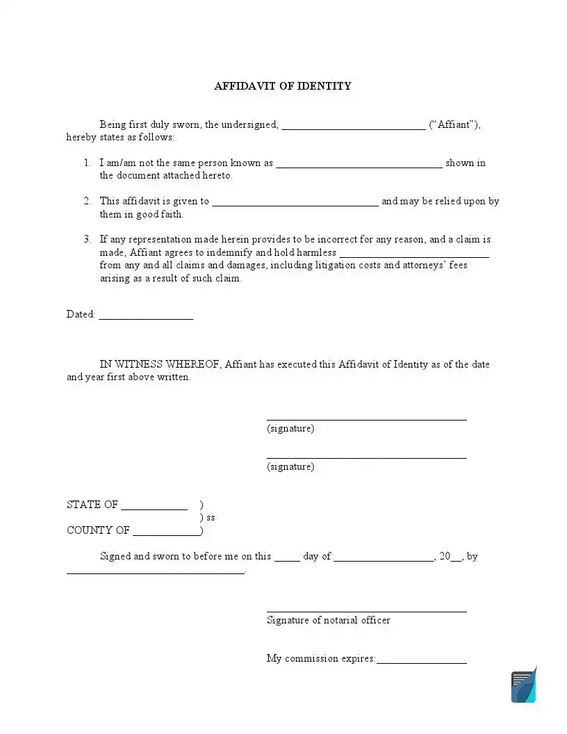 Free Affidavit Of Identity Form Fillable PDF Template 