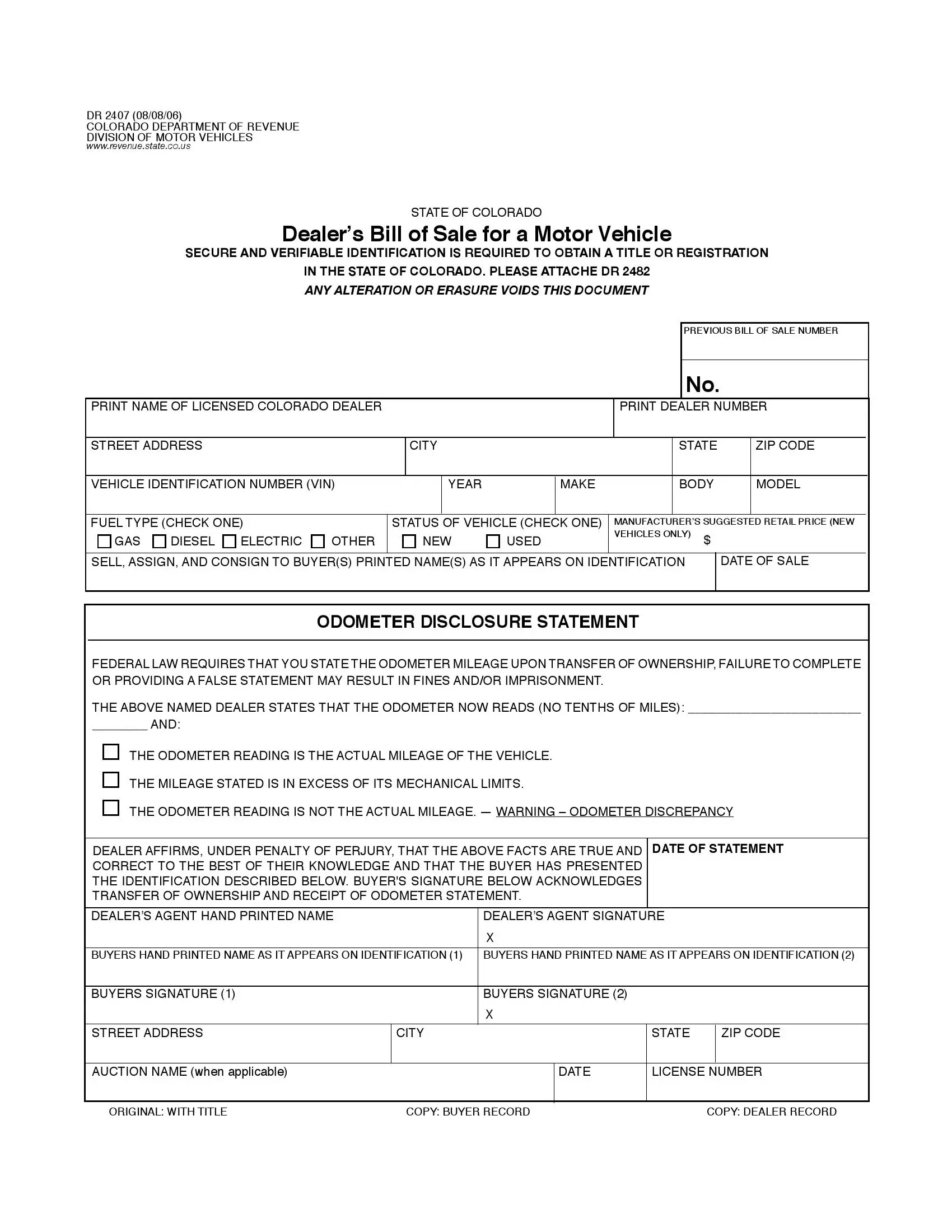 Free Colorado Bill Of Sale Forms FormsPal