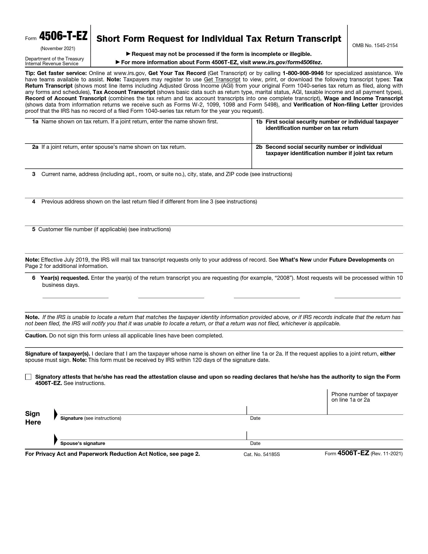 IRS Form 4506T EZ Fill Out Printable PDF Forms Online