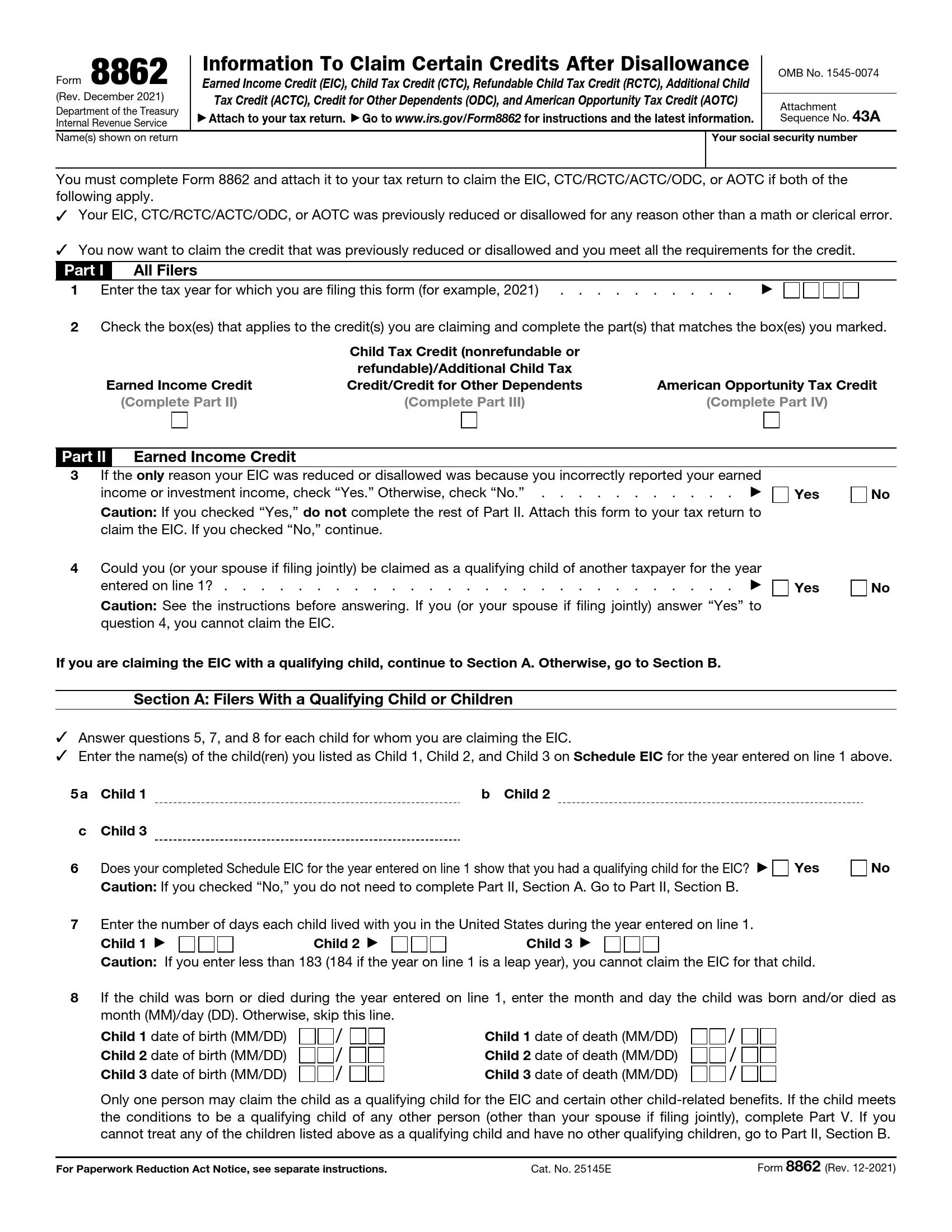 IRS Form 8862 Fill Out Printable PDF Forms Online