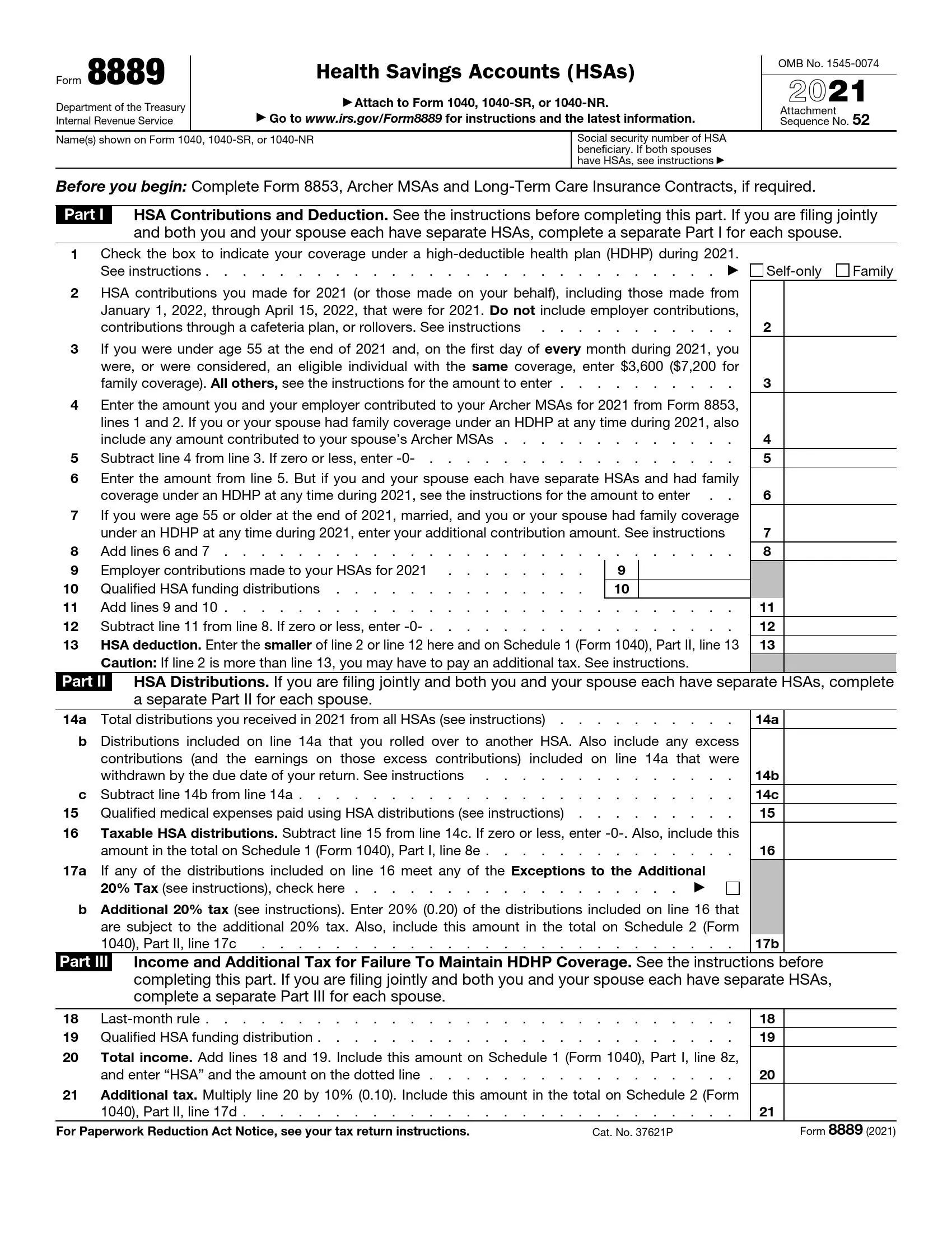 IRS Form 8889 Fill Out Printable PDF Forms Online