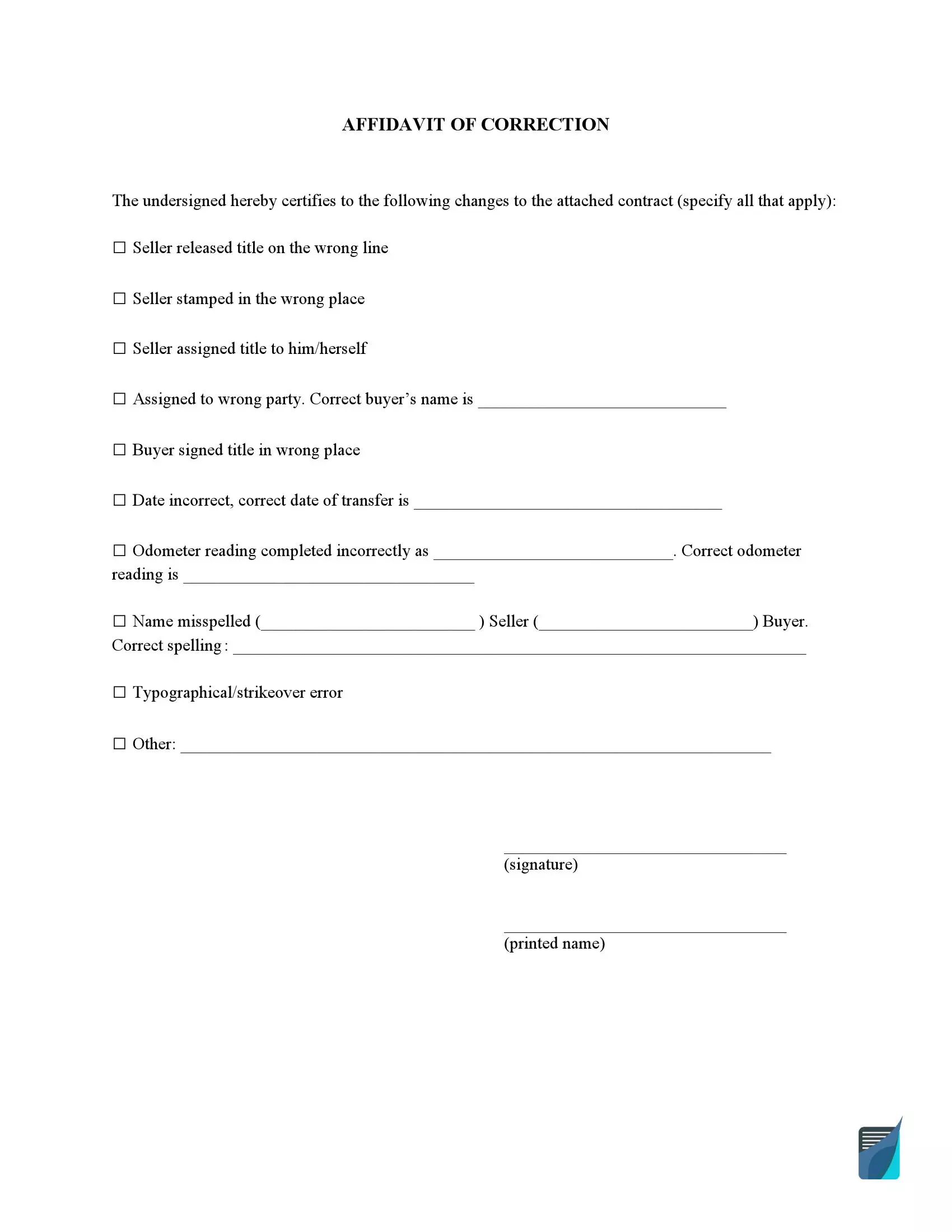 Free Affidavit Of Correction Form Fillable PDF Template 